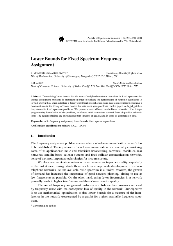 (PDF) Lower Bounds for Fixed Spectrum Frequency Assignment | Roberto Montemanni - Academia.edu
