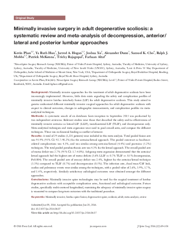 (PDF) Minimally invasive surgery in adult degenerative scoliosis: a systematic review and meta ...