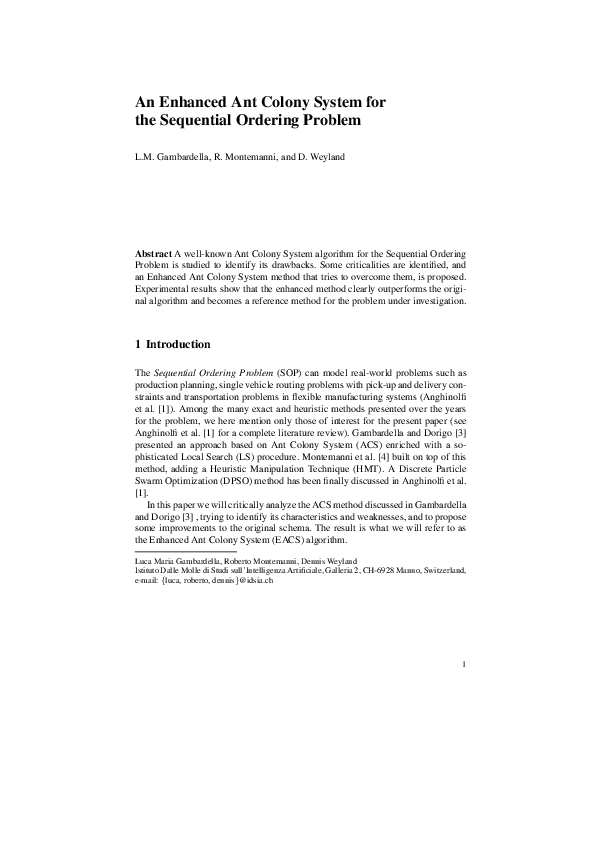 Pdf An Enhanced Ant Colony System For The Sequential Ordering Problem Roberto Montemanni