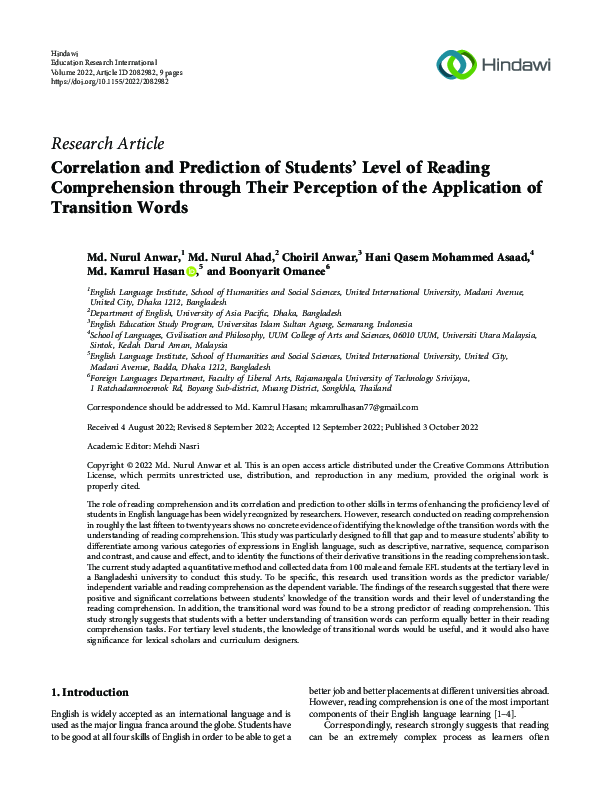 (PDF) Correlation and Prediction of Students’ Level of Reading Comprehension through Their ...
