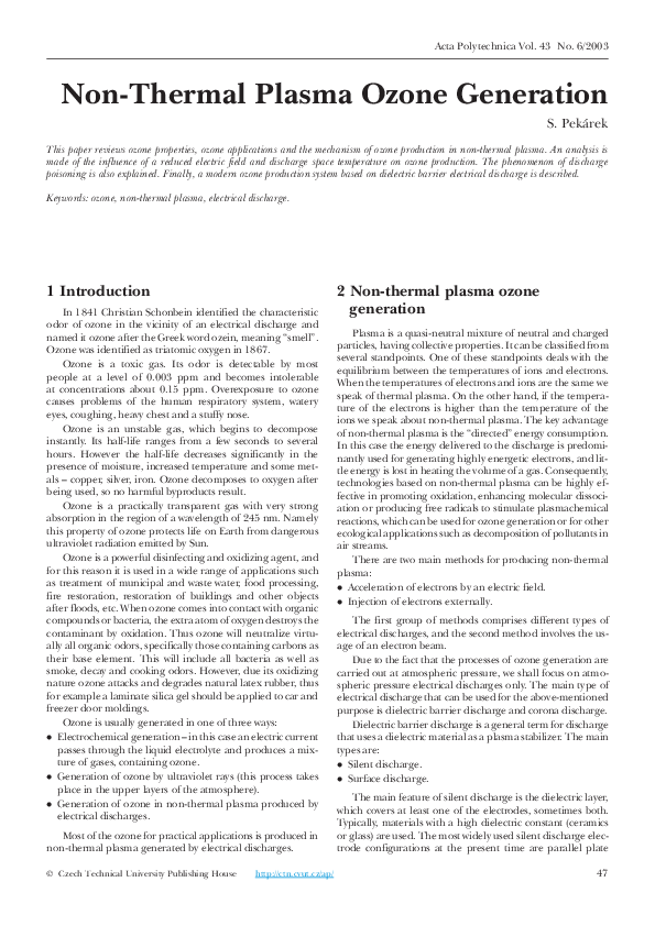(PDF) Non-Thermal Plasma Ozone Generation