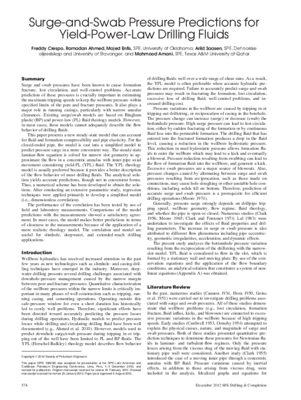 (PDF) Surge-and-Swab Pressure Predictions for Yield-Power-Law Drilling ...