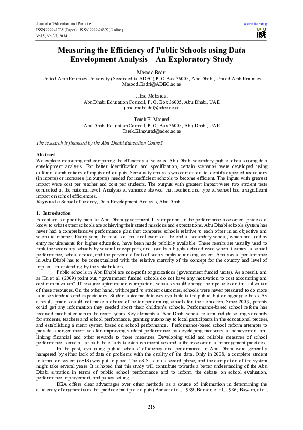 (PDF) Measuring the Efficiency of Public Schools Using Data Envelopment Analysis - An ...