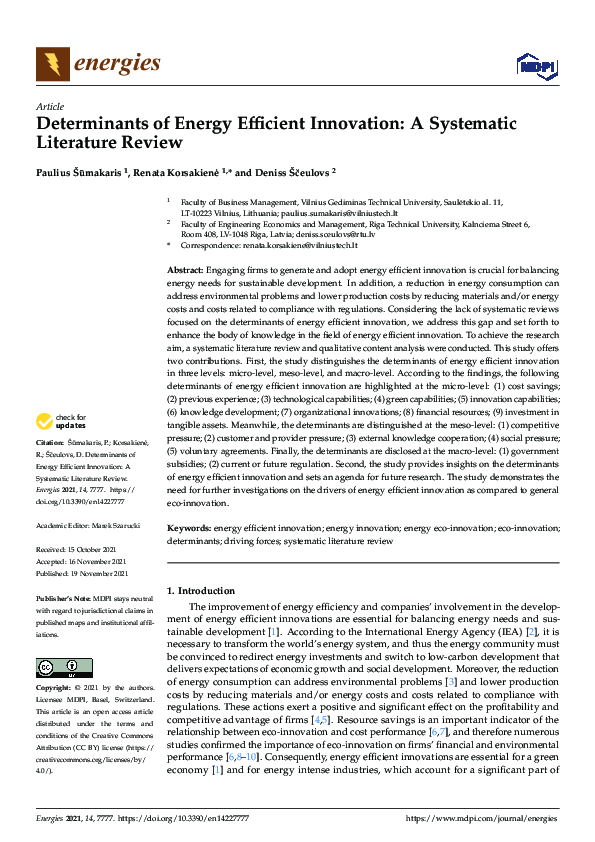 (PDF) Determinants of Energy Efficient Innovation: A Systematic Literature Review