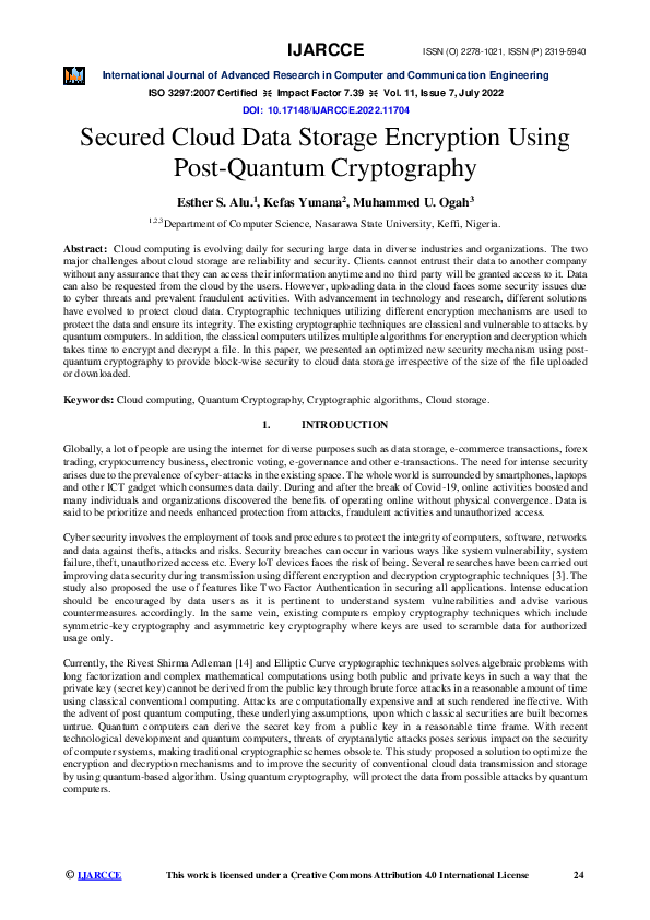 (PDF) Secured Cloud Data Storage Encryption Using Post-Quantum Cryptography