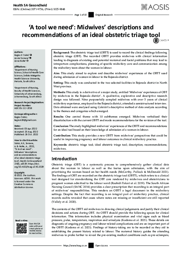 (PDF) ‘A tool we need’: Midwives’ descriptions and recommendations of ...