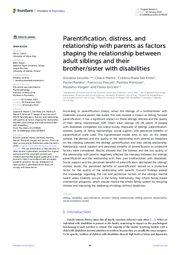 (PDF) Parentification, distress, and relationship with parents as ...