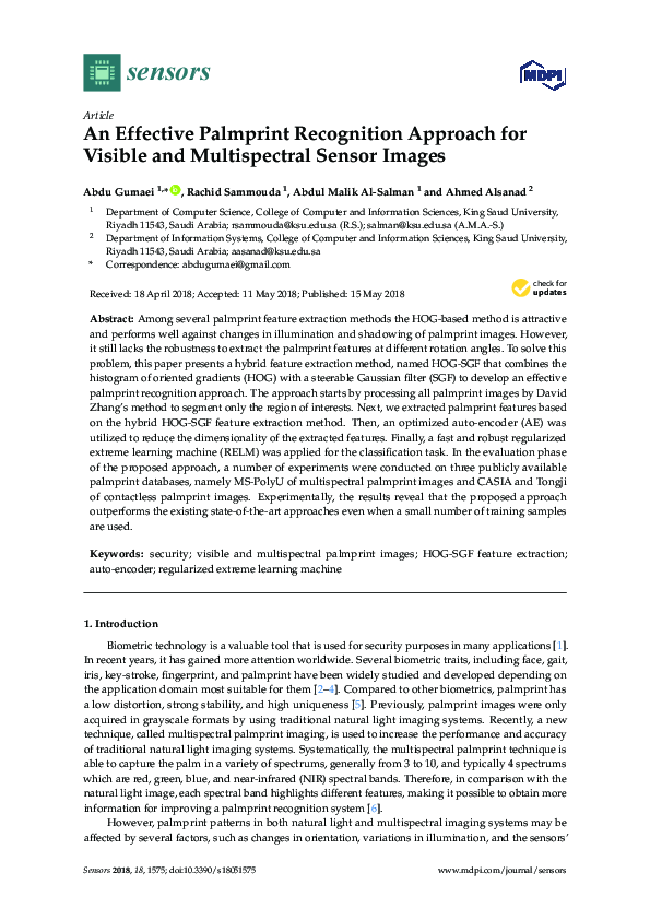 Pdf An Effective Palmprint Recognition Approach For Visible And Multispectral Sensor Images