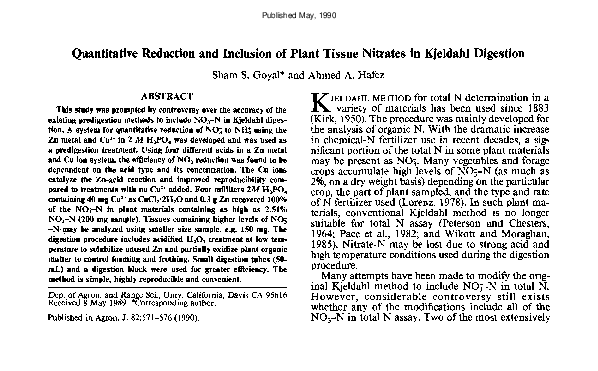(PDF) Quantitative Reduction and Inclusion of Plant Tissue Nitrates in ...