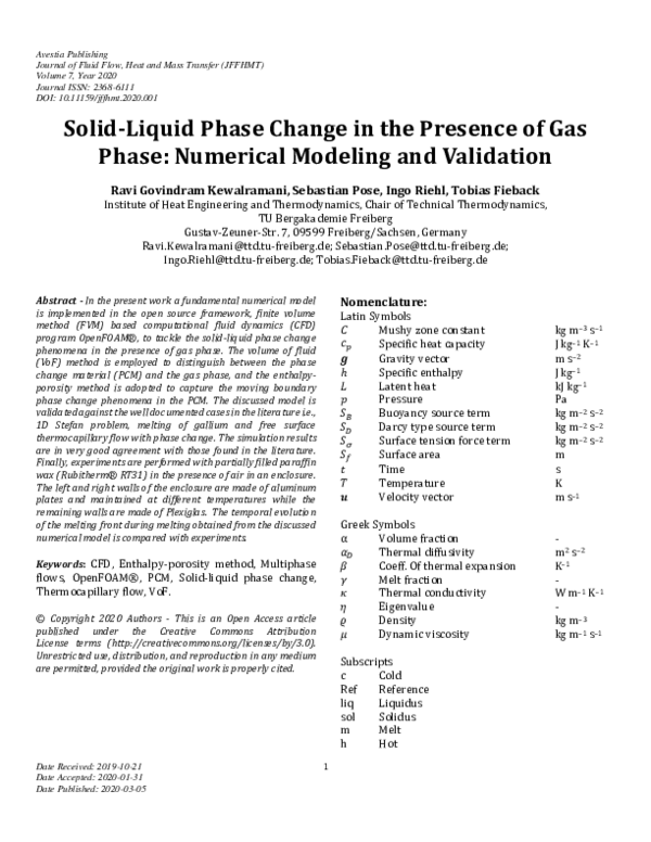 (PDF) Solid-Liquid Phase Change in the Presence of Gas Phase: Numerical Modeling and Validation