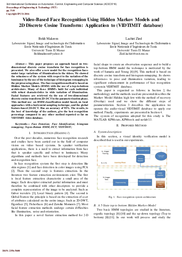 Pdf Video Based Face Recognition Using Hidden Markov Models And 2 D