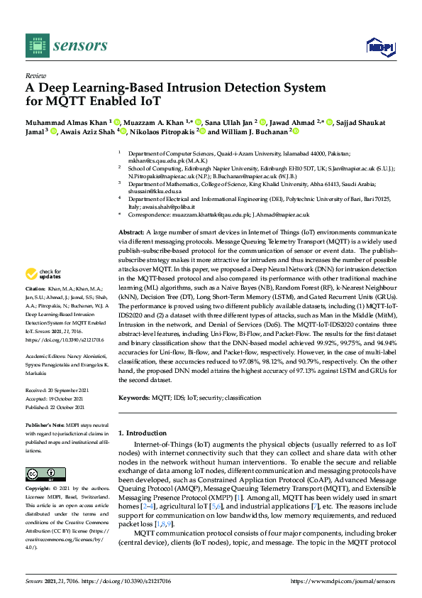 Pdf A Deep Learning Based Intrusion Detection System For Mqtt Enabled