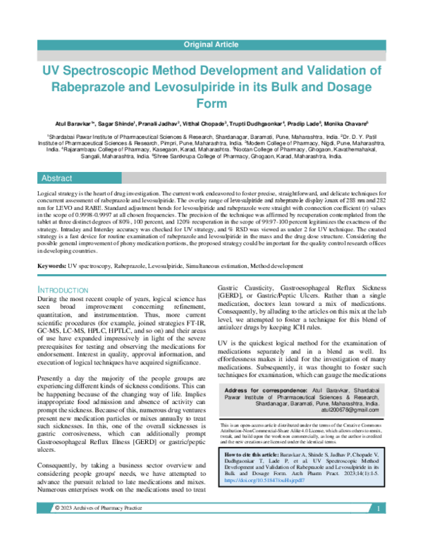 (PDF) UV Spectroscopic Method Development and Validation of Rabeprazole and Levosulpiride in its ...