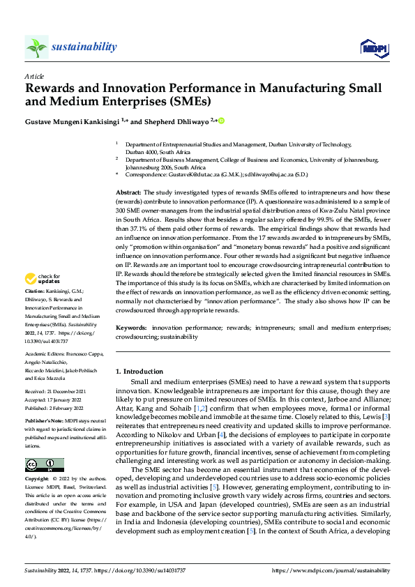 (PDF) Rewards and Innovation Performance in Manufacturing Small and ...