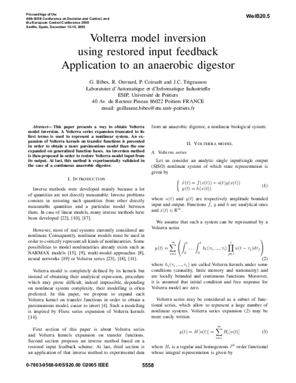(PDF) Volterra model inversion using restored input feedback Application to an anaerobic digestor