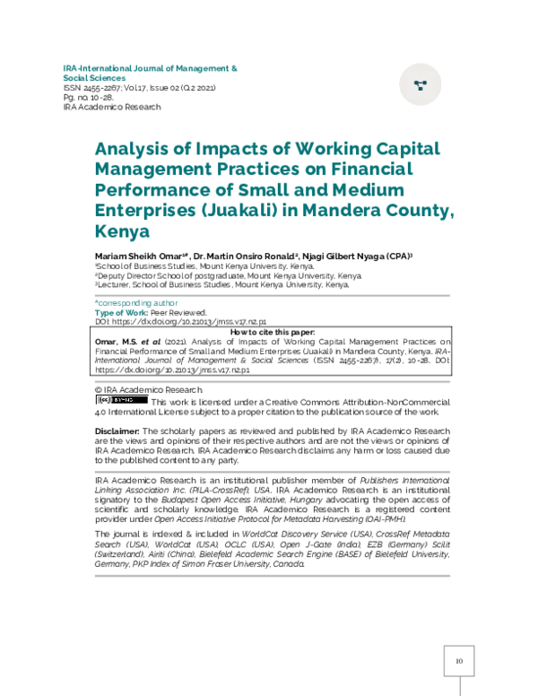 (PDF) Analysis of Impacts of Working Capital Management Practices on Financial Performance of ...