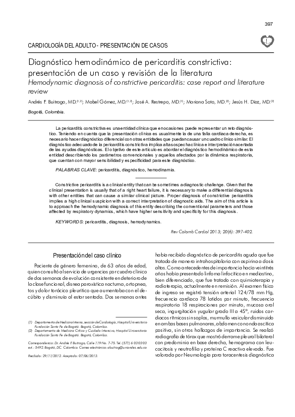 (PDF) Diagnóstico hemodinámico de pericarditis constrictiva: presentación de un caso y revisión ...