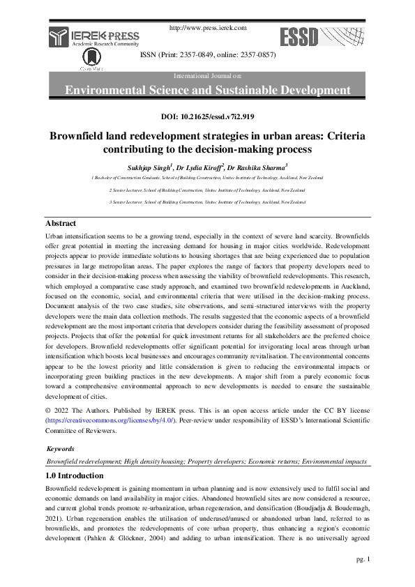 (PDF) Brownfield land redevelopment strategies in urban areas: Criteria contributing to the ...
