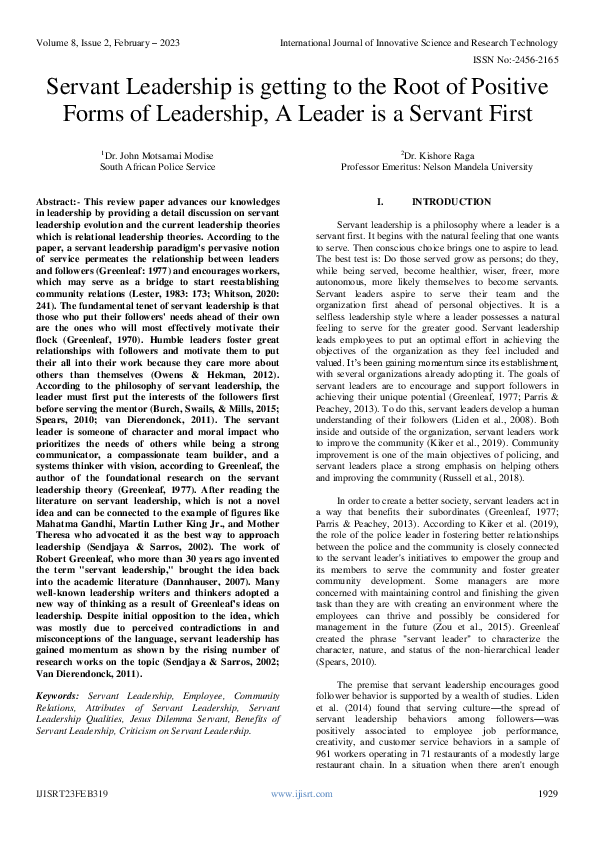 (PDF) Servant Leadership is getting to the Root of Positive Forms of ...