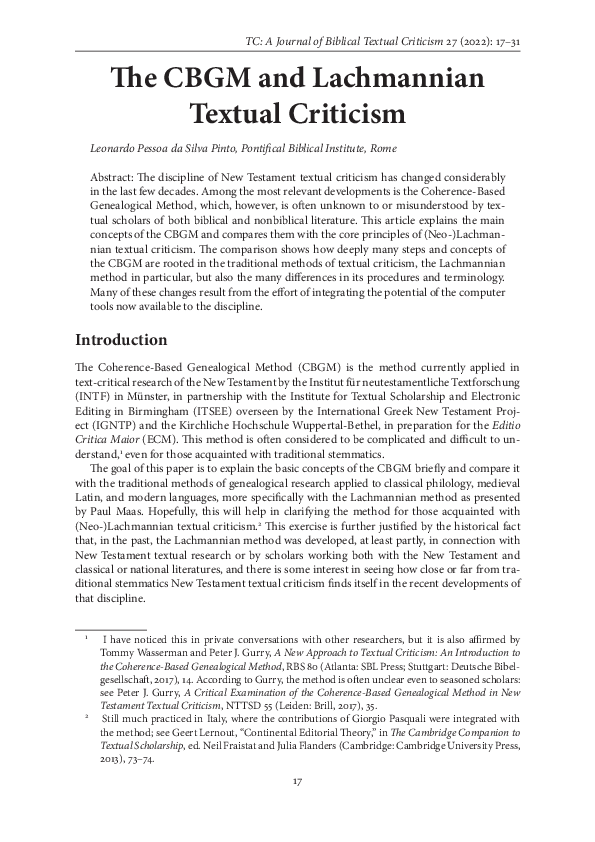 (PDF) The CBGM and Lachmannian Textual Criticism