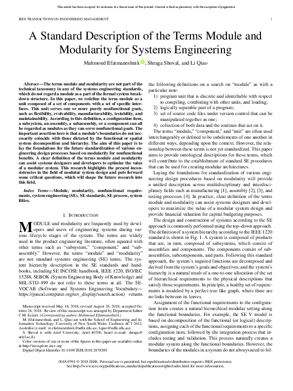 (PDF) A Standard Description of the Terms Module and Modularity for Systems Engineering
