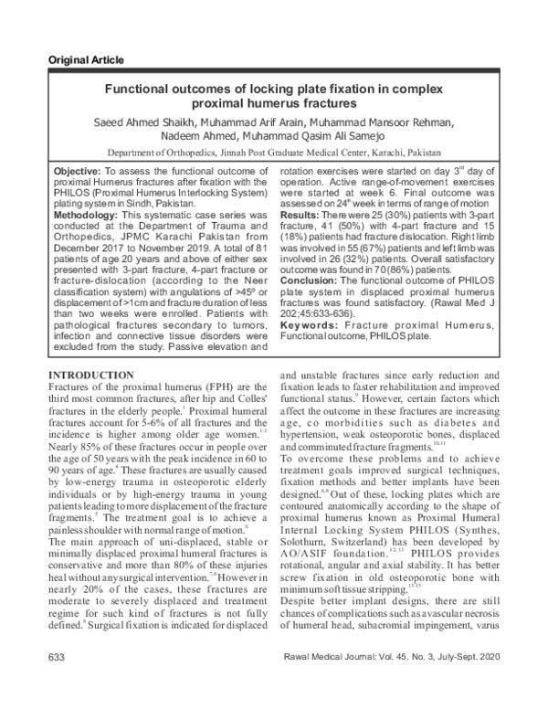 (PDF) Functional outcomes of locking plate fixation in complex proximal ...