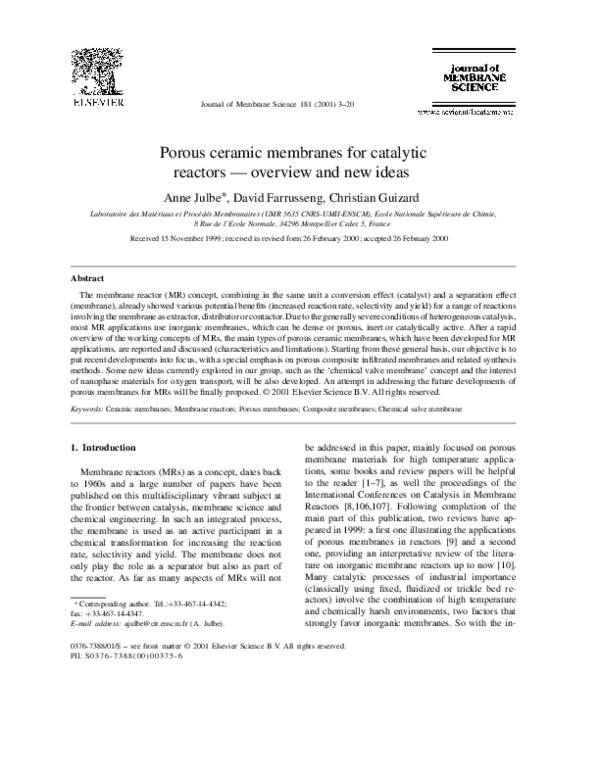 (PDF) Porous ceramic membranes for catalytic reactors — overview and ...