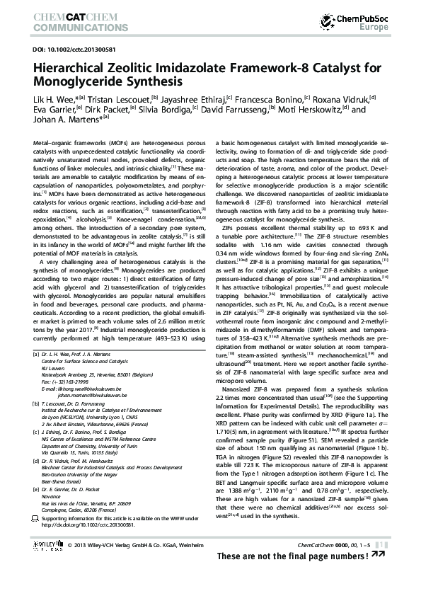 (PDF) Hierarchical Zeolitic Imidazolate Framework-8 Catalyst for Monoglyceride Synthesis