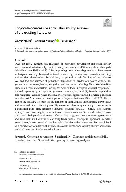 (PDF) Corporate governance and sustainability: a review of the existing literature