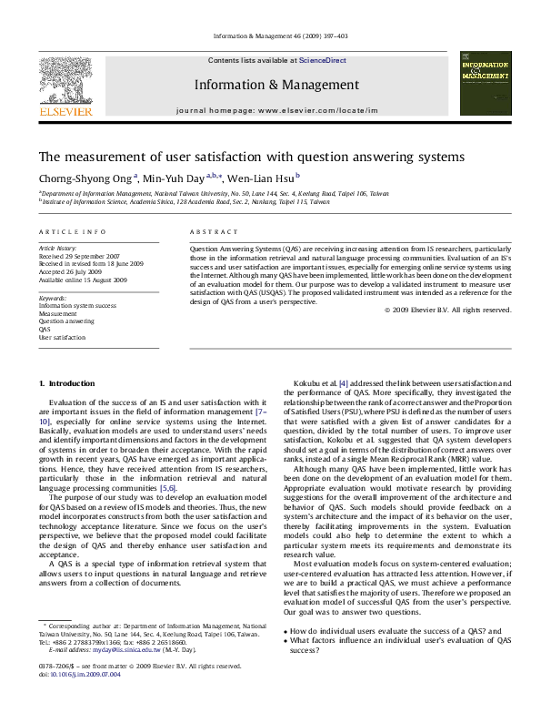 (PDF) The measurement of user satisfaction with question answering systems