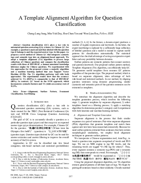 (PDF) A template alignment algorithm for question classification