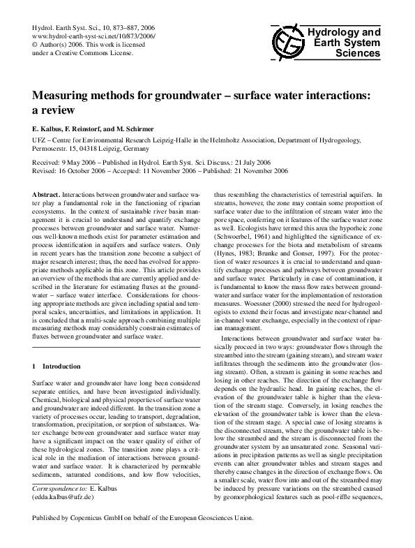 (PDF) Measuring methods for groundwater – surface water interactions: a review