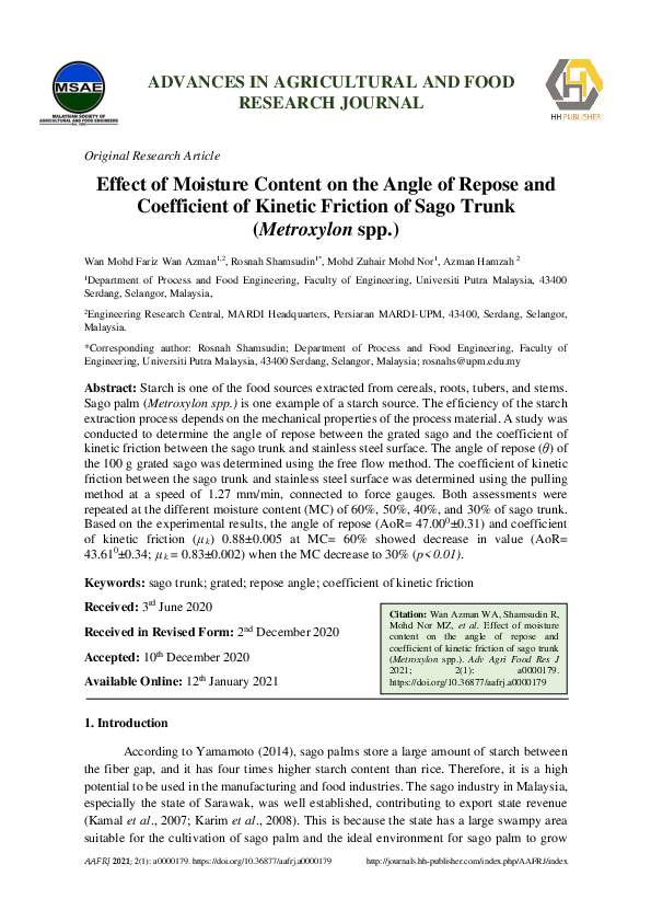 Pdf Effect Of Moisture Content On The Angle Of Repose And Coefficient