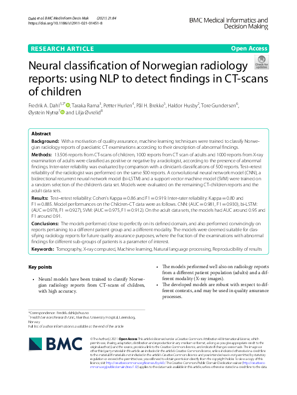 (PDF) Neural classification of Norwegian radiology reports: using NLP to detect findings in CT ...
