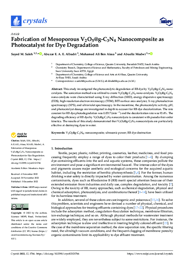 (PDF) Fabrication of Mesoporous V2O5@g-C3N4 Nanocomposite as Photocatalyst for Dye Degradation ...
