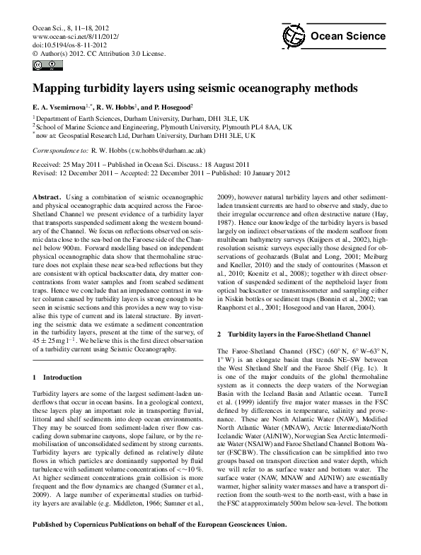 (PDF) Mapping turbidity layers using seismic oceanography methods