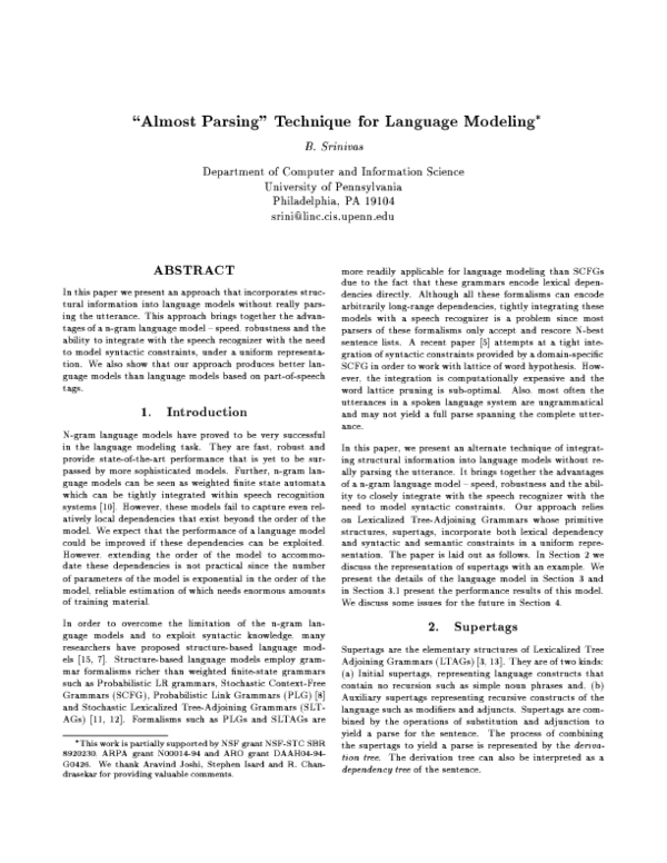 (PDF) Almost parsing" technique for language modeling