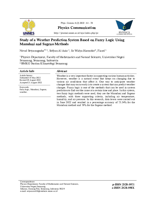 (PDF) Study of a Weather Prediction System Based on Fuzzy Logic Using Mamdani and Sugeno Methods