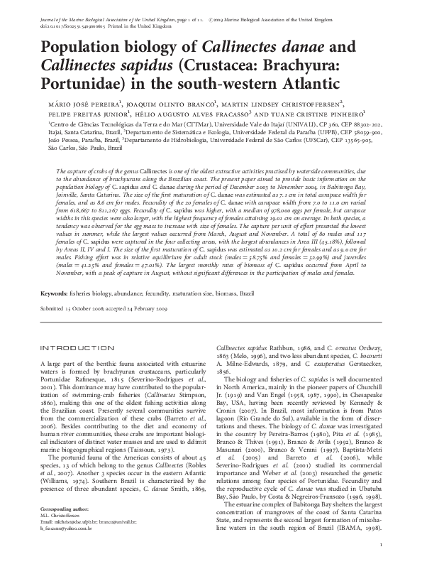 Pdf Population Biology Of Callinectes Danae And Callinectes Sapidus