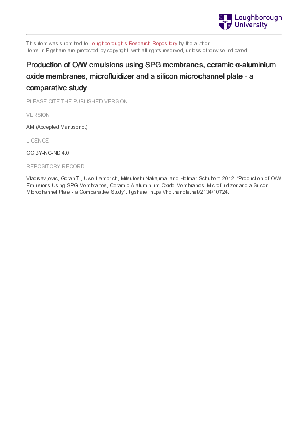 (PDF) Production of O/W emulsions using SPG membranes, ceramic α ...