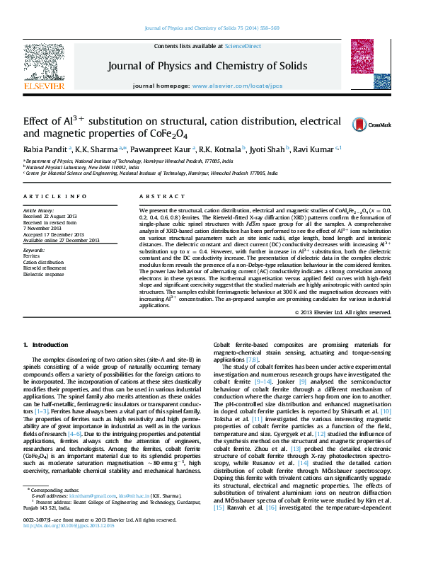 (PDF) Effect of Al3+ substitution on structural, cation distribution, electrical and magnetic ...