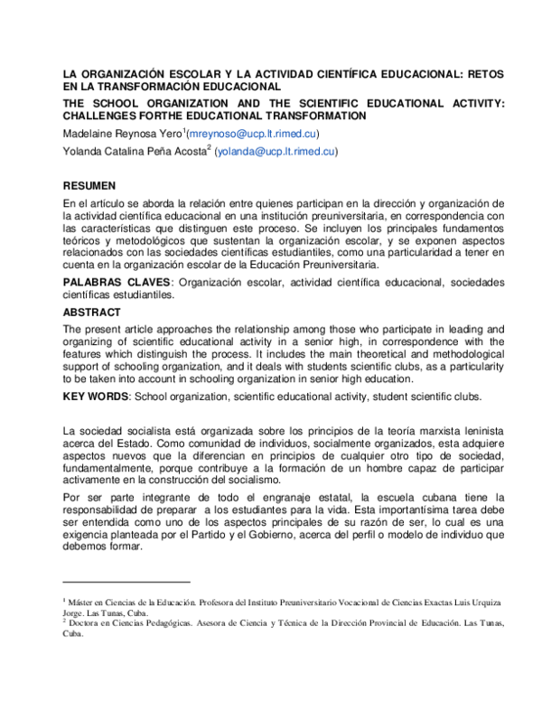 (PDF) La Organización Escolar y La Actividad Científica Educacional: Retos en La Transformación ...