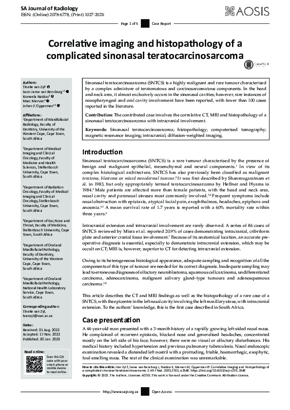 (PDF) Correlative imaging and histopathology of a complicated sinonasal teratocarcinosarcoma