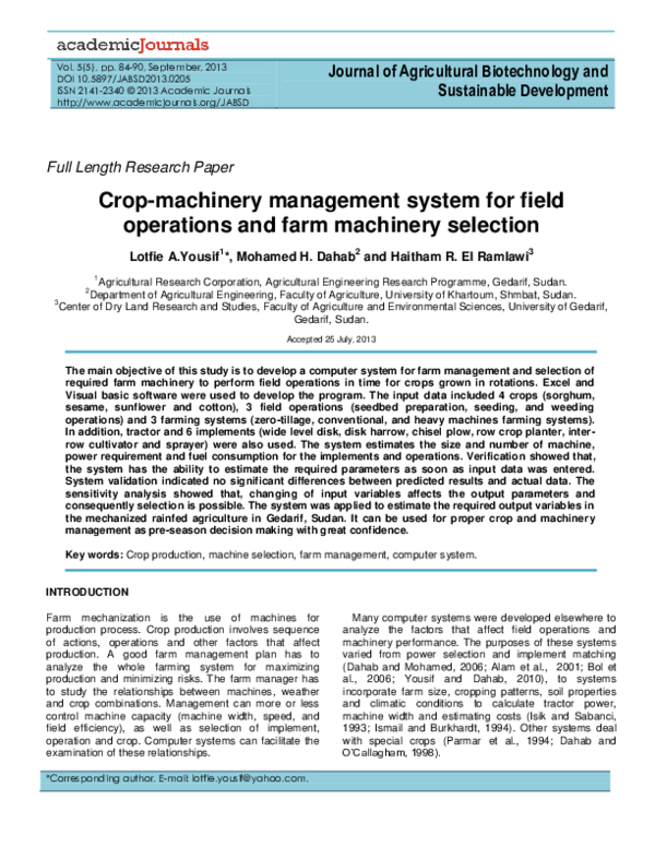 (PDF) Crop-machinery management system for field operations and farm machinery selection