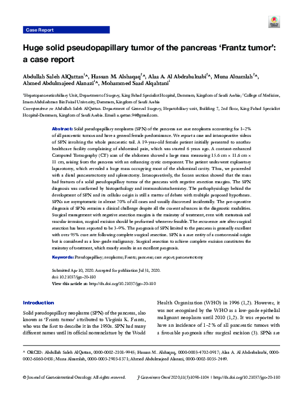 (PDF) Huge solid pseudopapillary tumor of the pancreas ‘Frantz tumor’: a case report