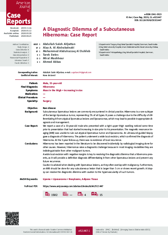 (PDF) A Diagnostic Dilemma of a Subcutaneous Hibernoma: Case Report