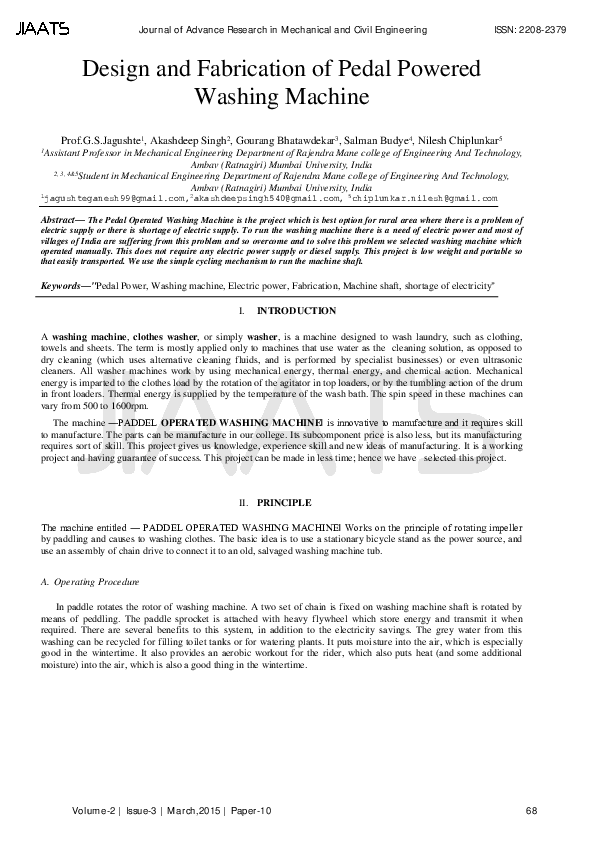 (PDF) Design and Fabrication of Pedal Powered Washing Machine