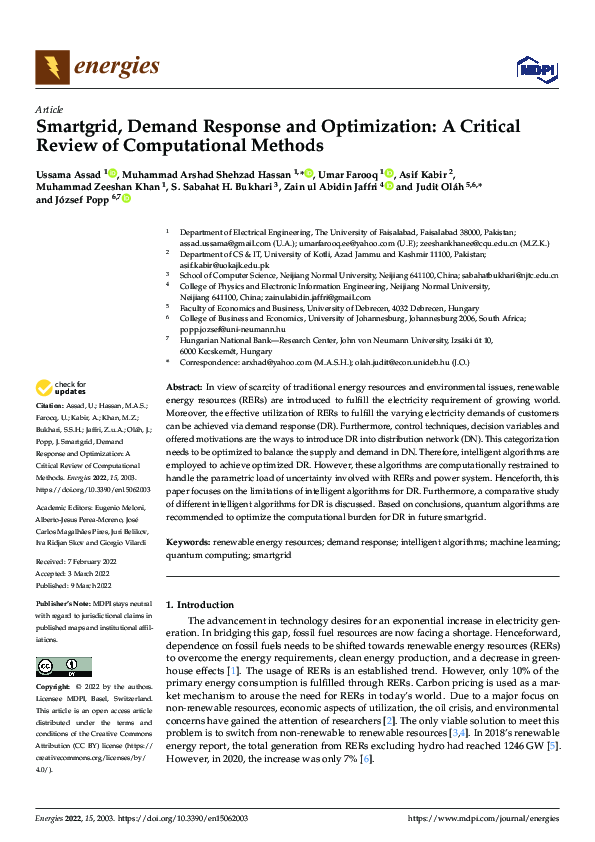 (PDF) Smart Grid, Demand Response and Optimization: A Critical Review of Computational Methods