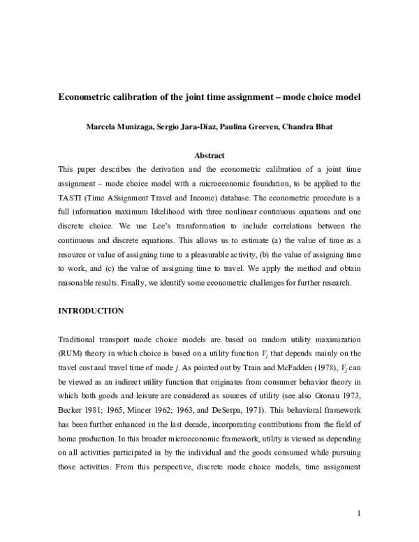 Pdf Econometric Calibration Of The Joint Time Assignment Mode Choice