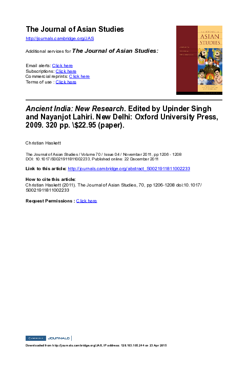 (PDF) Ancient India: New Research. Edited by Upinder Singh and Nayanjot ...